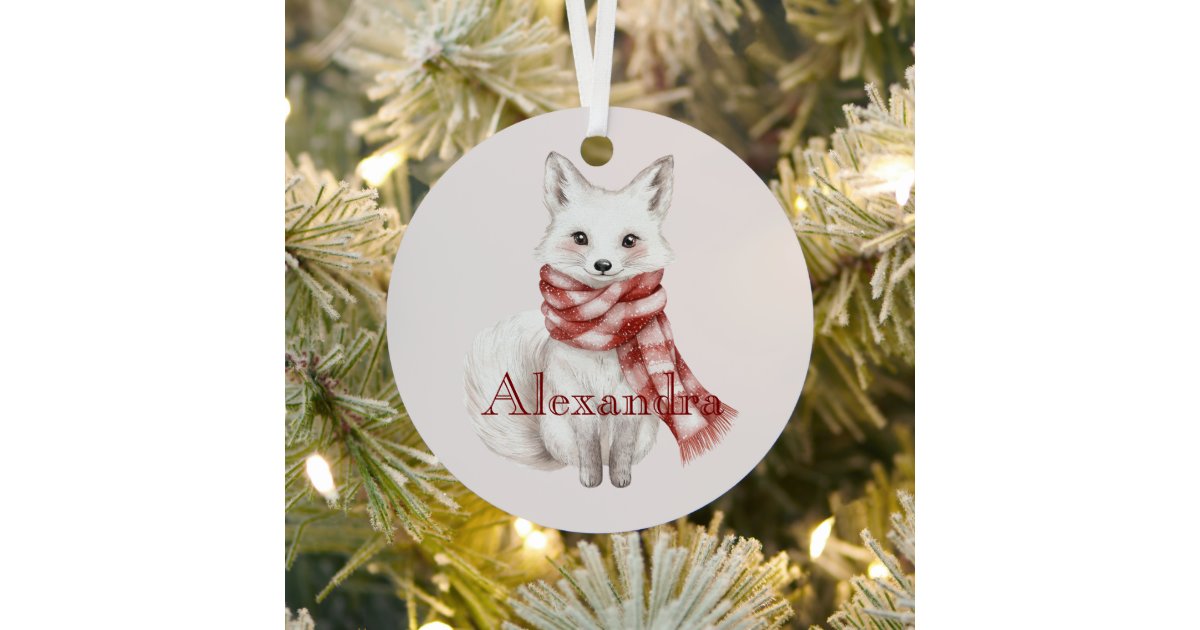 Fox with Peppermint Red White Scarf Metal Ornament | Zazzle
