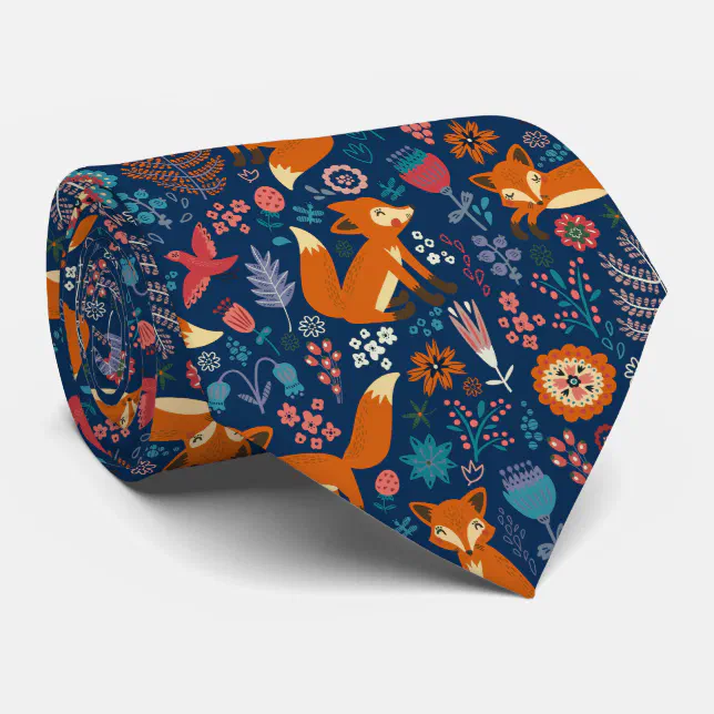 Foxes Birds & Retro Flowers Pattern Tie | Zazzle