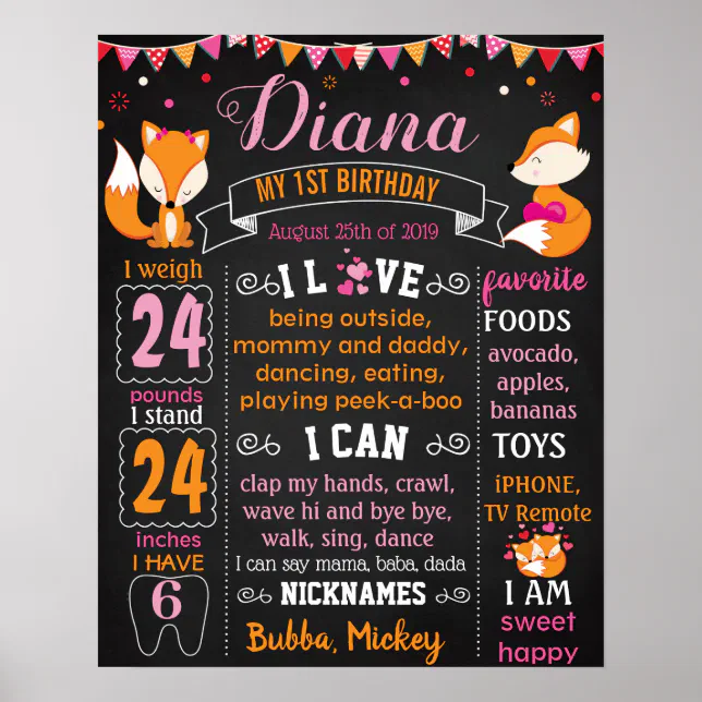 Foxy Fox First birthday party chalkboard sign | Zazzle