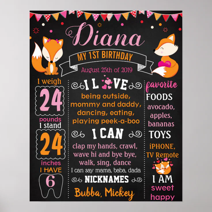 Foxy Fox First birthday party chalkboard sign | Zazzle