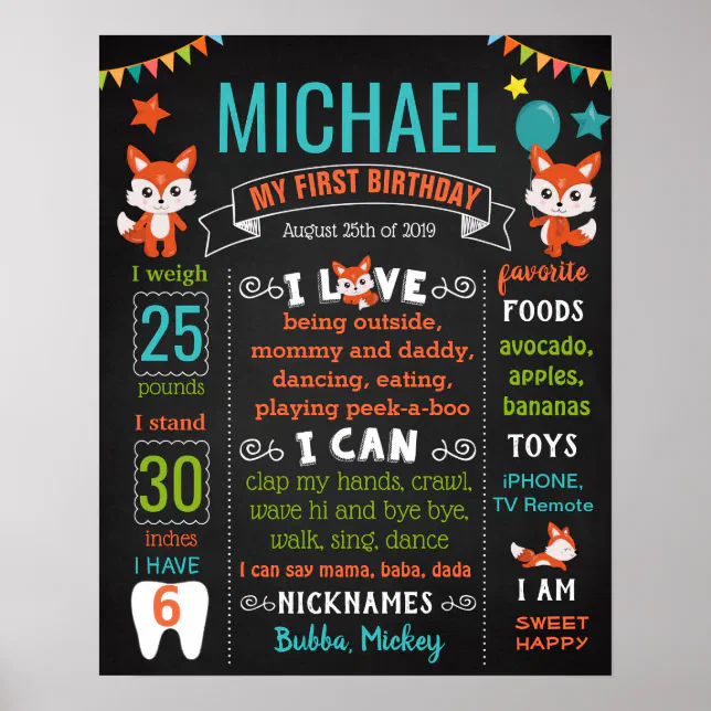 Foxy Fox First Birthday party chalkboard sign | Zazzle