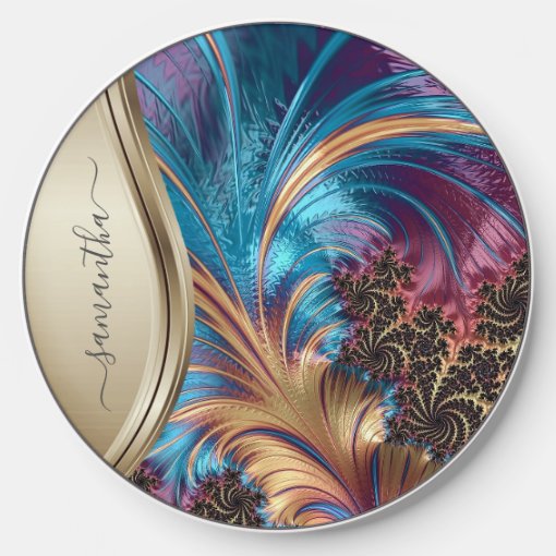 Fractal Blue Gold Personalized Wireless Charger | Zazzle