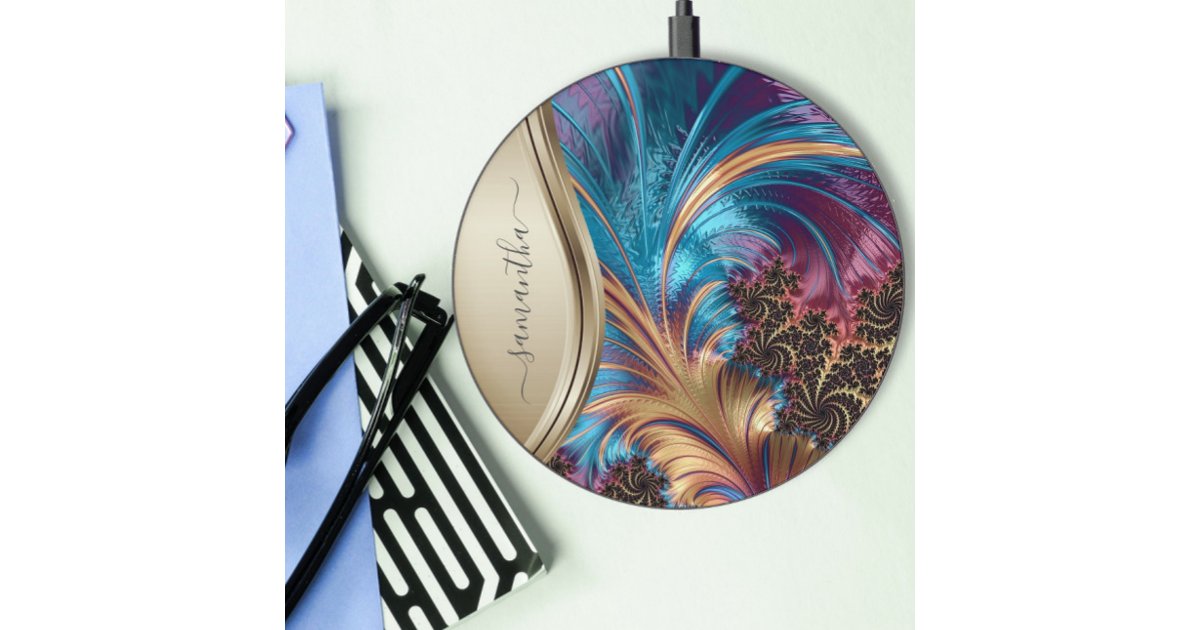 Fractal Blue Gold Personalized Wireless Charger | Zazzle