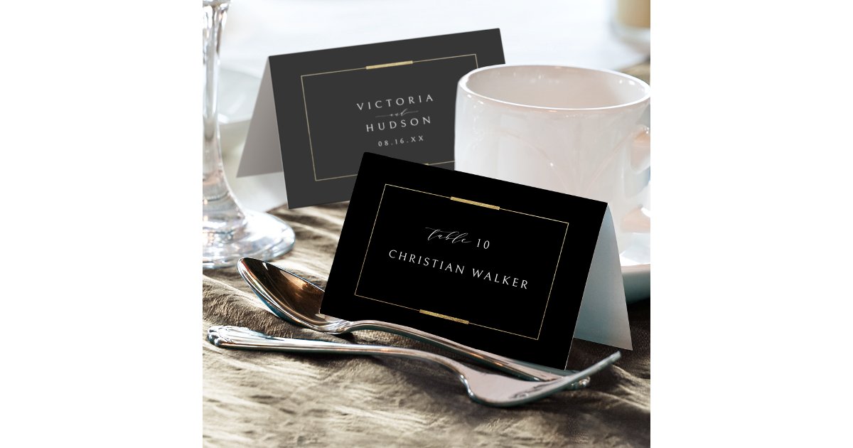 Framed Elegance Black Simple Foldable Place Card | Zazzle