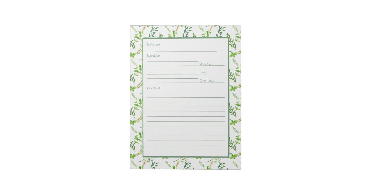 Framed Recipe Page for Green Herb Leaves Binder Notepad | Zazzle