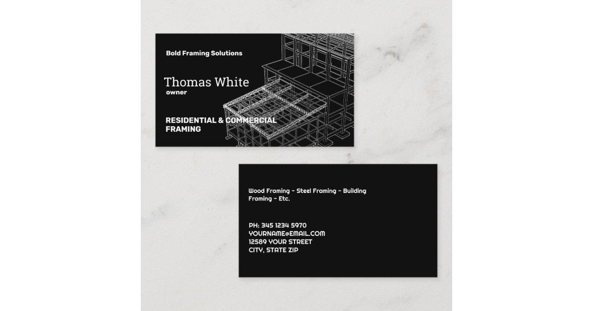Framing Contractor Black Business Card | Zazzle