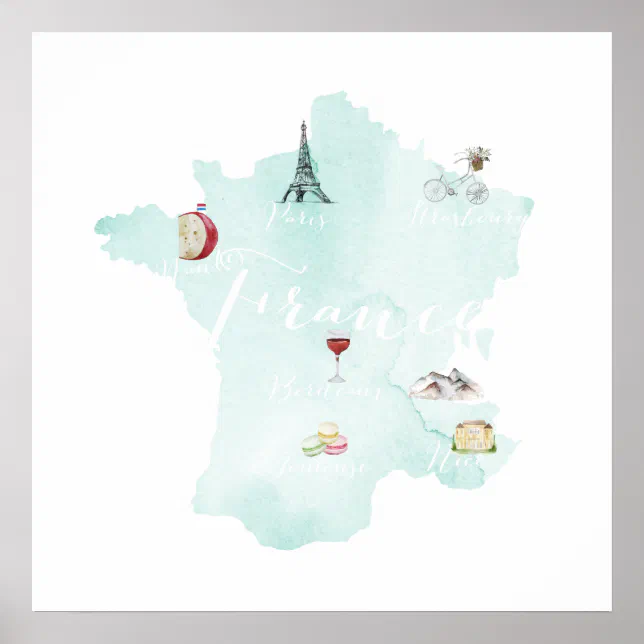France Illustrated Watercolor Wall Art Map | Zazzle