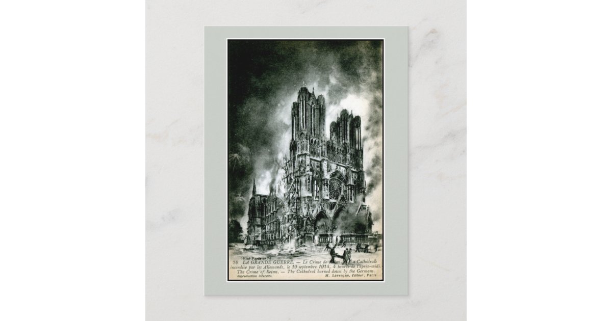 France the burning Cathedral of Reims drawing Postcard | Zazzle