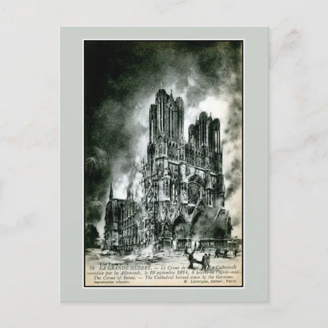 France the burning Cathedral of Reims drawing Postcard | Zazzle