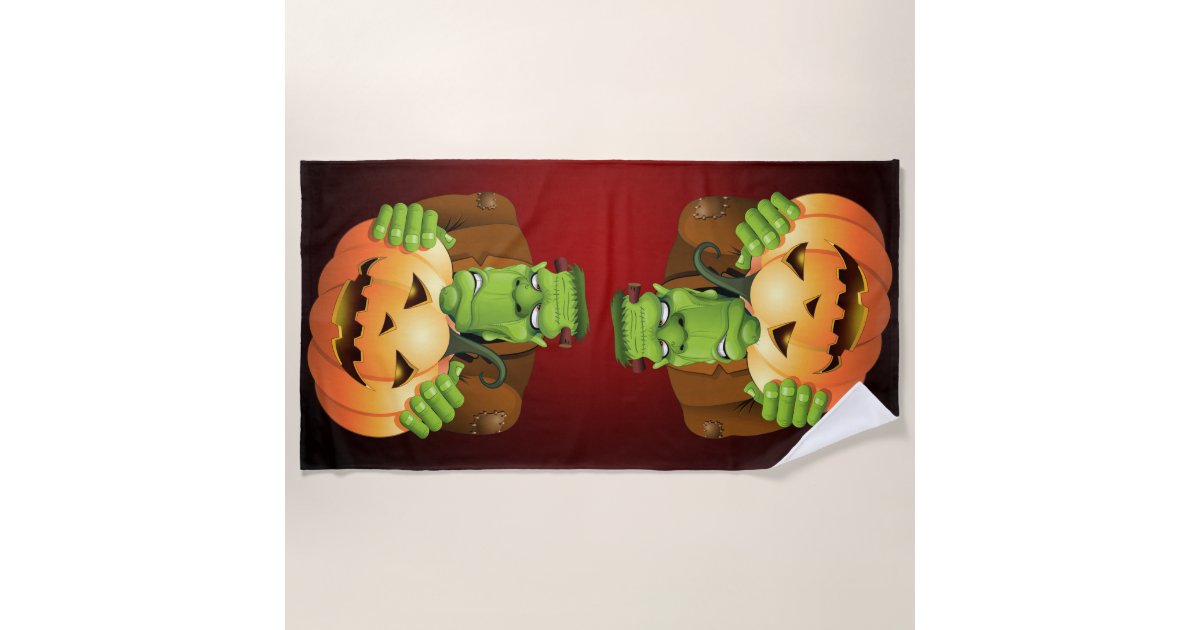 Frankenstein Monster Cartoon with Pumpkin Beach Towel | Zazzle