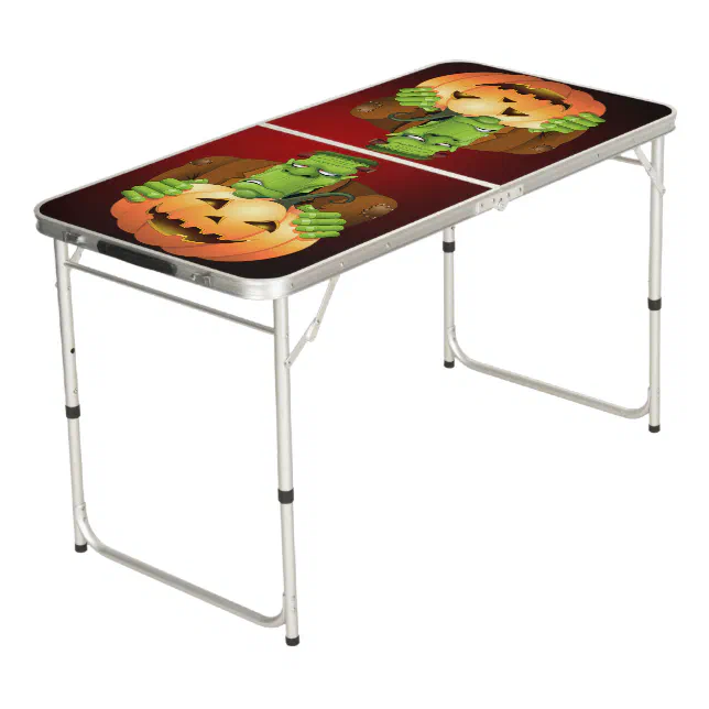 Frankenstein Monster Cartoon with Pumpkin Beer Pong Table | Zazzle