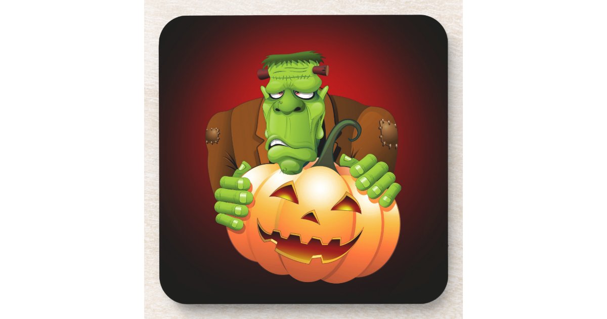 Frankenstein Monster Cartoon with Pumpkin Coaster | Zazzle