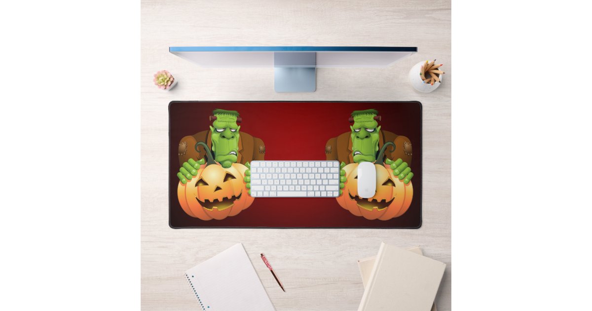 Frankenstein Monster Cartoon with Pumpkin Desk Mat | Zazzle