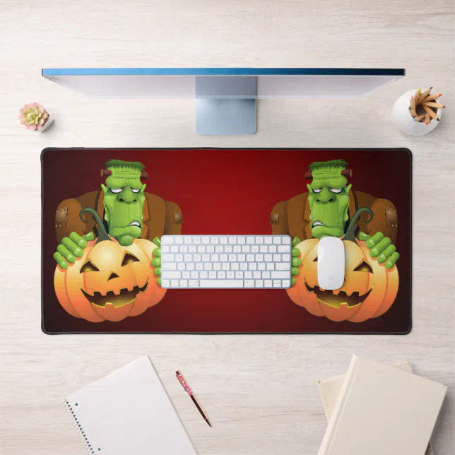 Frankenstein Monster Cartoon with Pumpkin Desk Mat | Zazzle