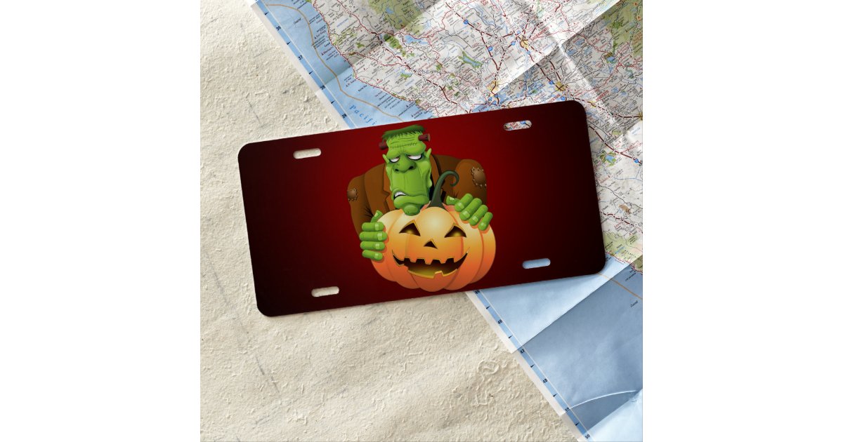 Frankenstein Monster Cartoon with Pumpkin License Plate | Zazzle