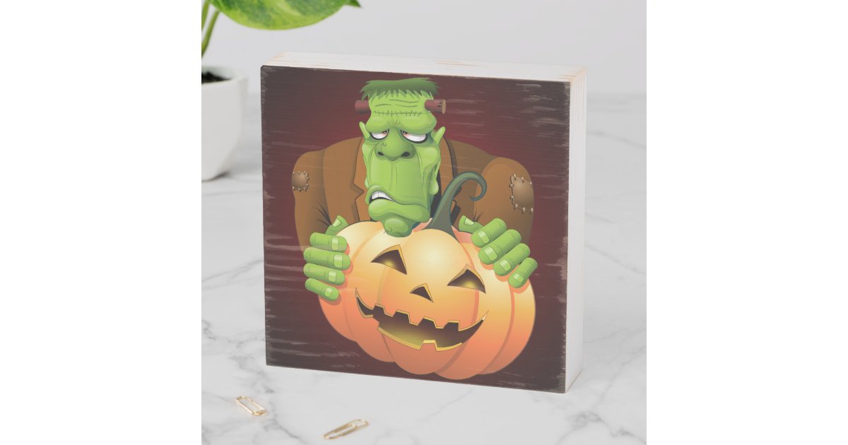 Frankenstein Monster Cartoon with Pumpkin Wooden Box Sign | Zazzle