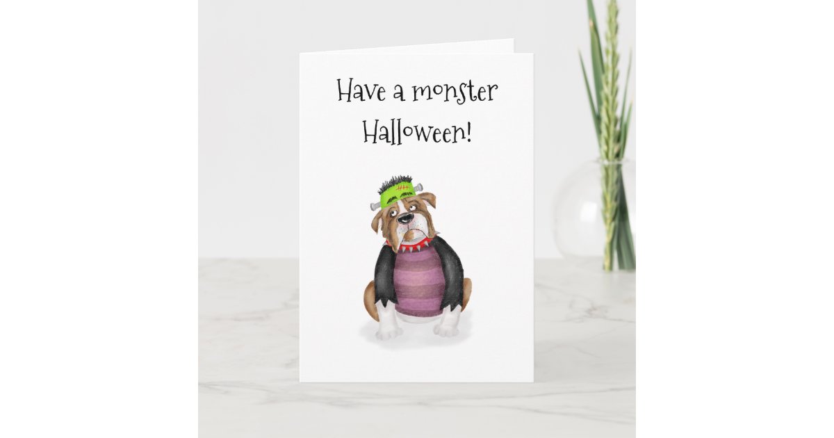 Frankenstein's Monster bulldog Halloween card | Zazzle