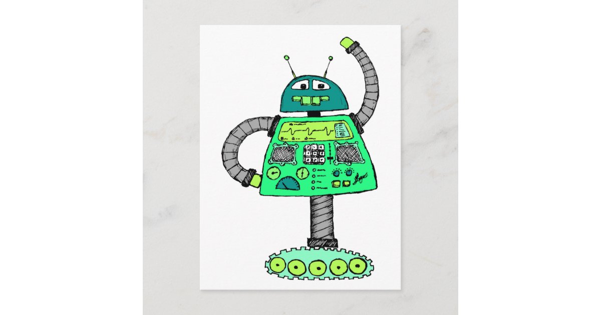 Frankie robot, green on white postcard | Zazzle