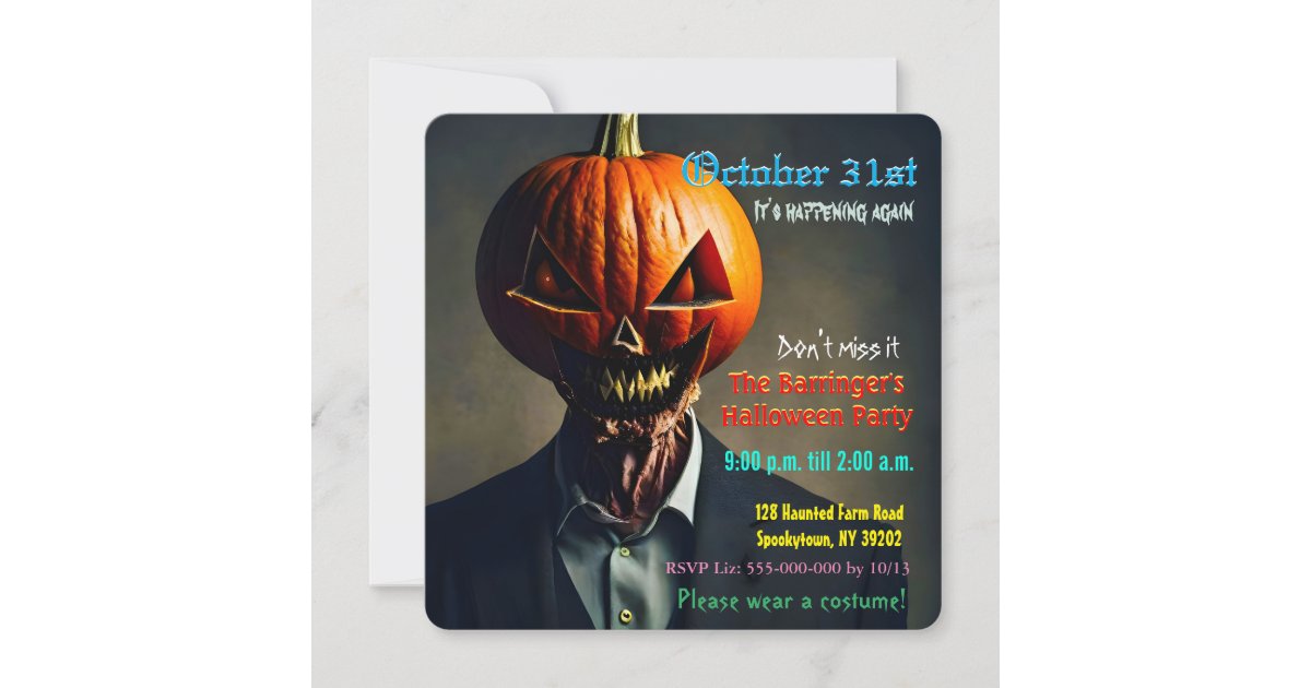 Freaky Scary Pumpkin Face Halloween Party Invitation | Zazzle