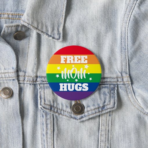 Free Mom Hugs | Stars & Rainbow Button | Zazzle
