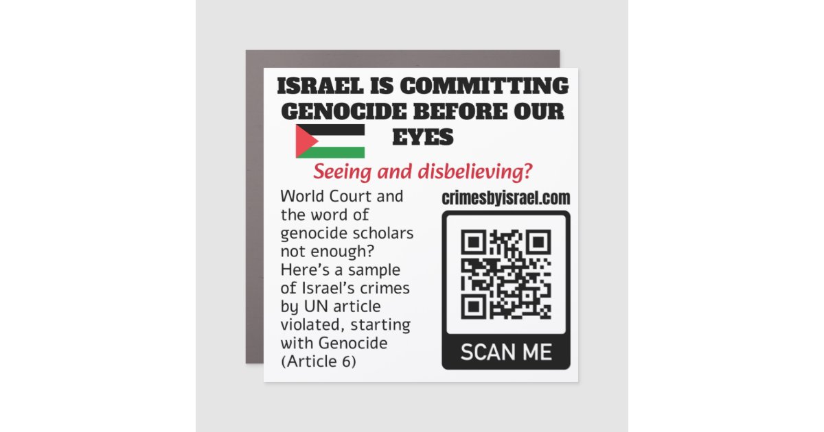 FREE PALESTINE - Israel Crimes UN Article QR Code Car Magnet | Zazzle