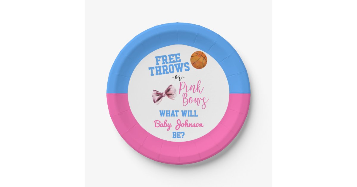 Free Throws or Pink Bows Basketball Gender Reveal Paper Plates | Zazzle