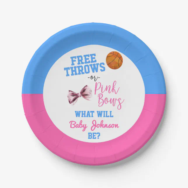 Free Throws or Pink Bows Basketball Gender Reveal Paper Plates | Zazzle
