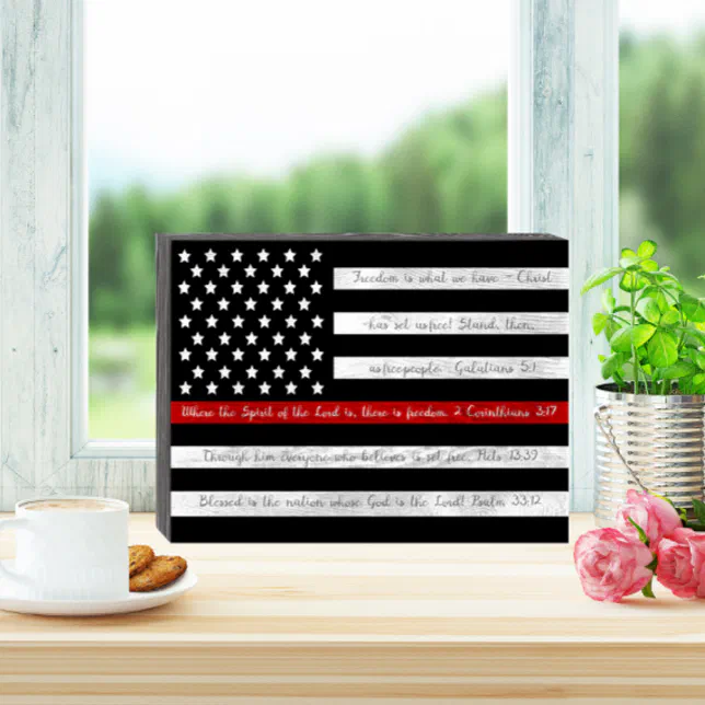Freedom Scriptures Firefighter Red Line Flag Wooden Box Sign | Zazzle