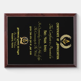 Freemason Certificate of appreciation Award Plaque | Zazzle