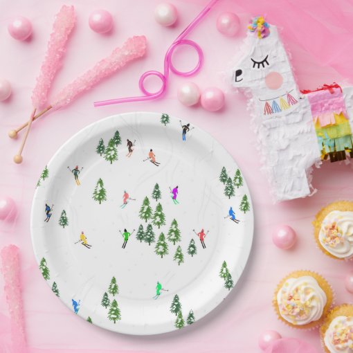 Freeride Alpine Skiers Skiing Illustration Party Paper Plates | Zazzle