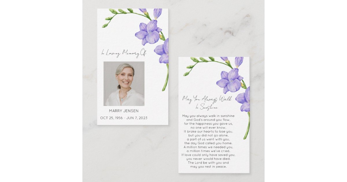 Freesia Memorial Photo Funeral Prayer Card | Zazzle