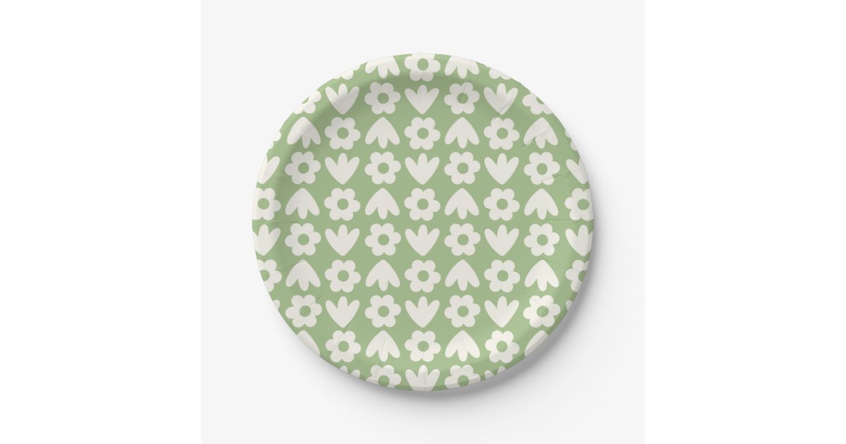 Freja Flowers Floral Pattern Sage Green and Cream Paper Plates | Zazzle