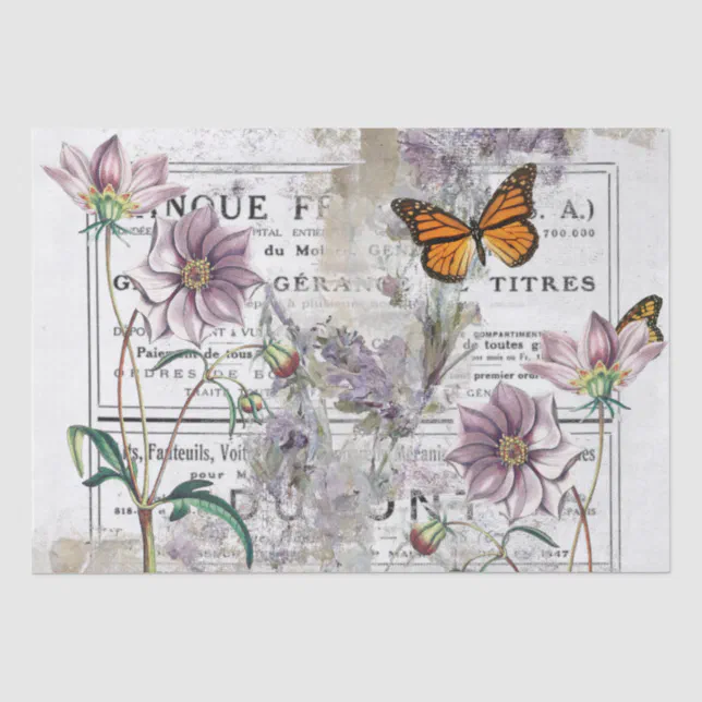 French Ad Butterfly Purple Flower Shabby Decoupage Tissue Paper | Zazzle