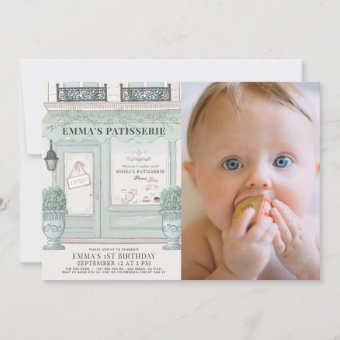 French Bakery Patisserie Green 1st Birthday Photo Invitation | Zazzle