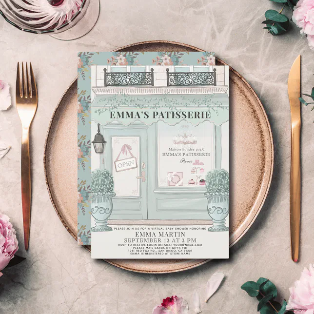 French Bakery Patisserie Green Virtual Baby Shower Invitation | Zazzle