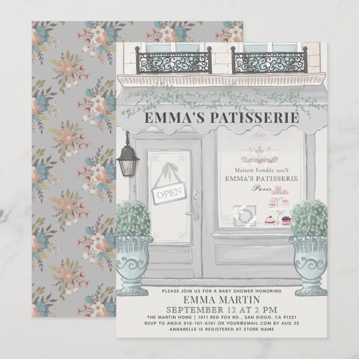 French Bakery Patisserie Paris Gray Baby Shower Invitation | Zazzle
