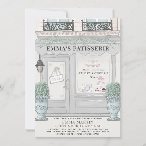 French Bakery Patisserie Paris Gray Baby Shower Invitation | Zazzle