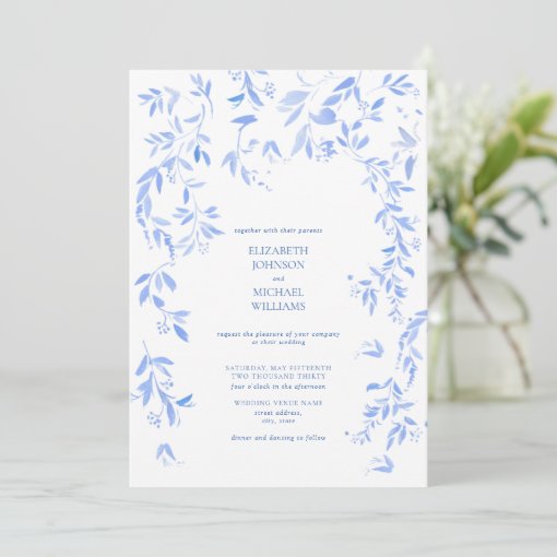 French Blue Floral Botanical Wedding Invitation | Zazzle