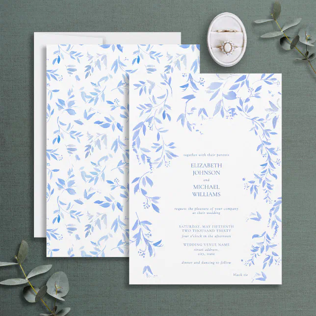 French Blue Floral Botanical Wedding Invitation | Zazzle