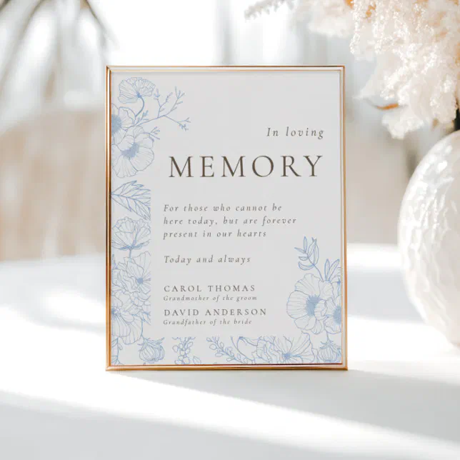 French Blue Floral Line Art In Loving Memory Poster | Zazzle