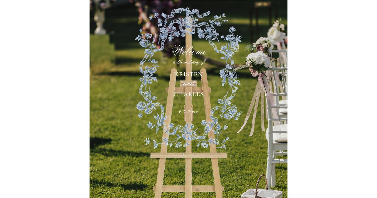French Blue Flowers & Ribbons Wedding Welcome Acrylic Sign | Zazzle