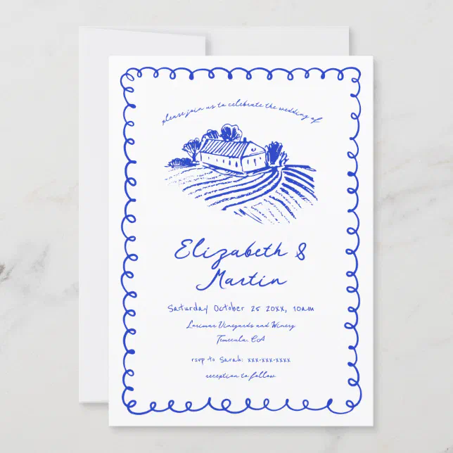 French Blue Hand Drawn Funky Vineyard Wedding Invitation | Zazzle
