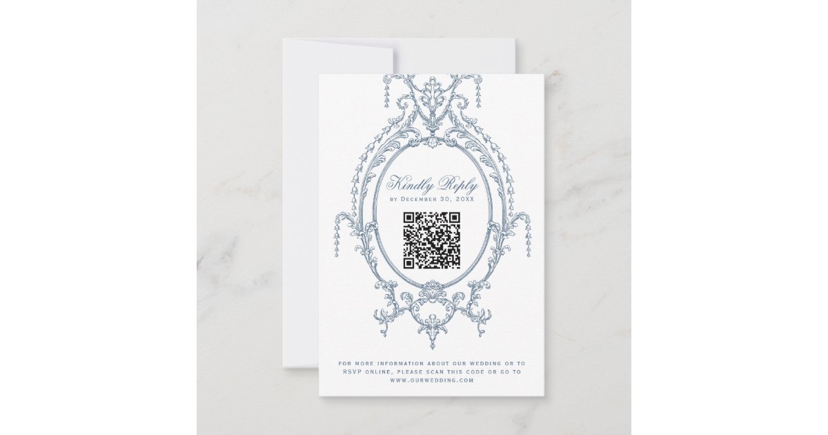 French Blue Ornate Baroque QR Code RSVP Card | Zazzle