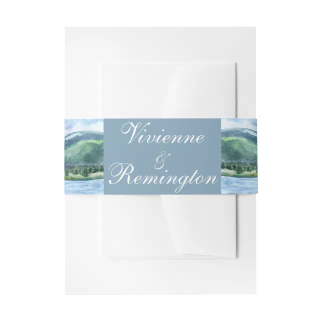 French Blue Serene Watercolor Lake Invitation Belly Band | Zazzle