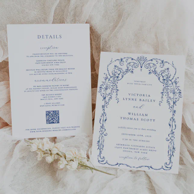 French Blue Victorian Frame Wedding Invitation | Zazzle
