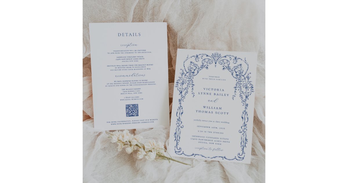 French Blue Victorian Frame Wedding Invitation | Zazzle