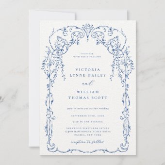 French Blue Victorian Frame Wedding Invitation | Zazzle