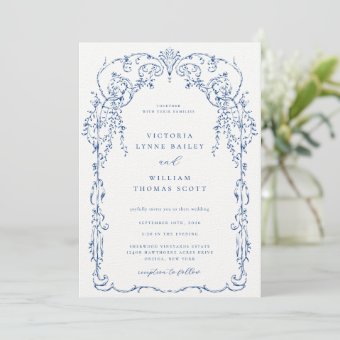 French Blue Victorian Frame Wedding Invitation | Zazzle