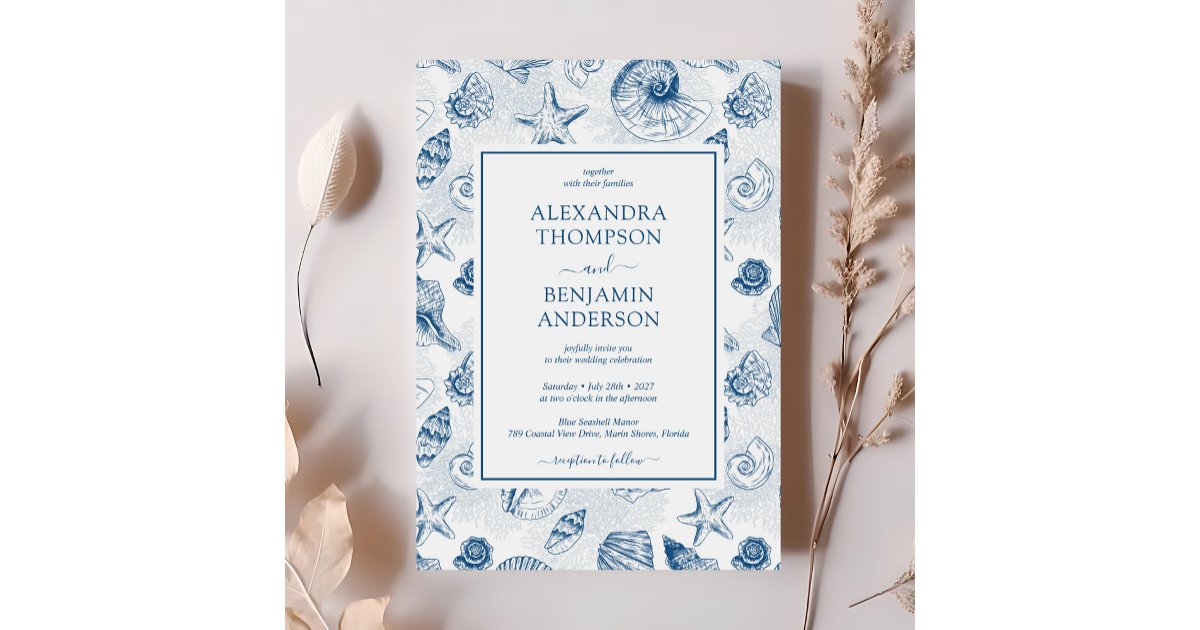French Blue Vintage Seashell Toile Classic Wedding Invitation | Zazzle