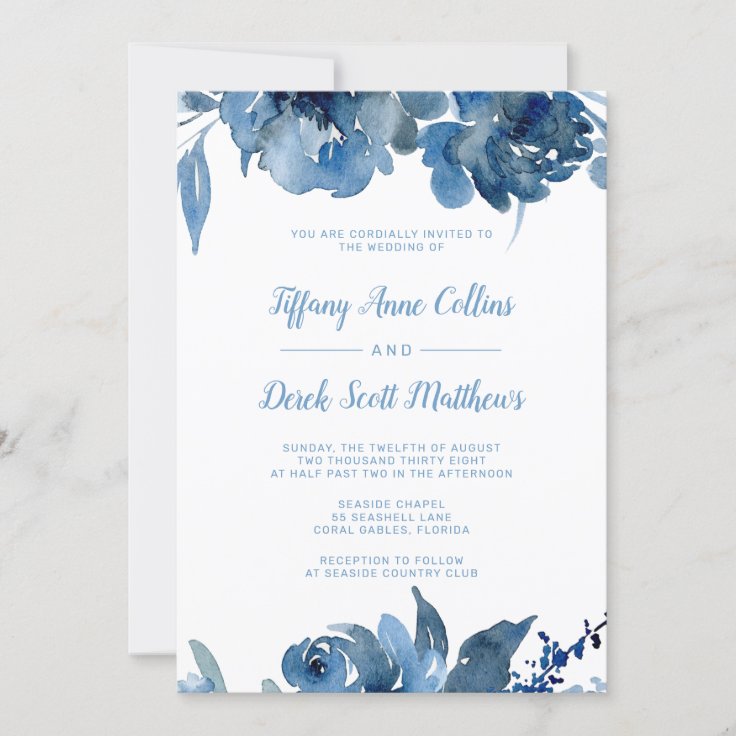 French Blue Watercolor Floral Wedding Invitation | Zazzle